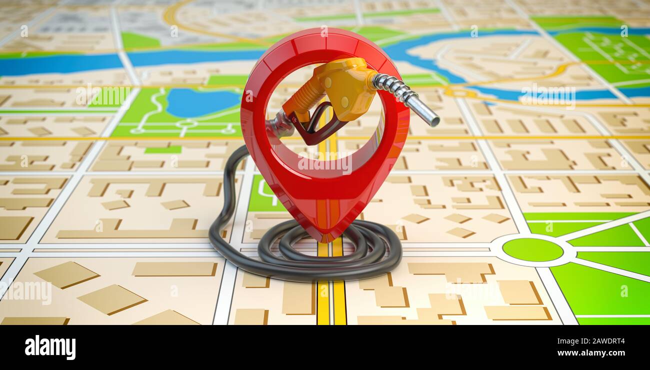 Gas station point location. Gasoline pistol pump fuel nozzle on city ...