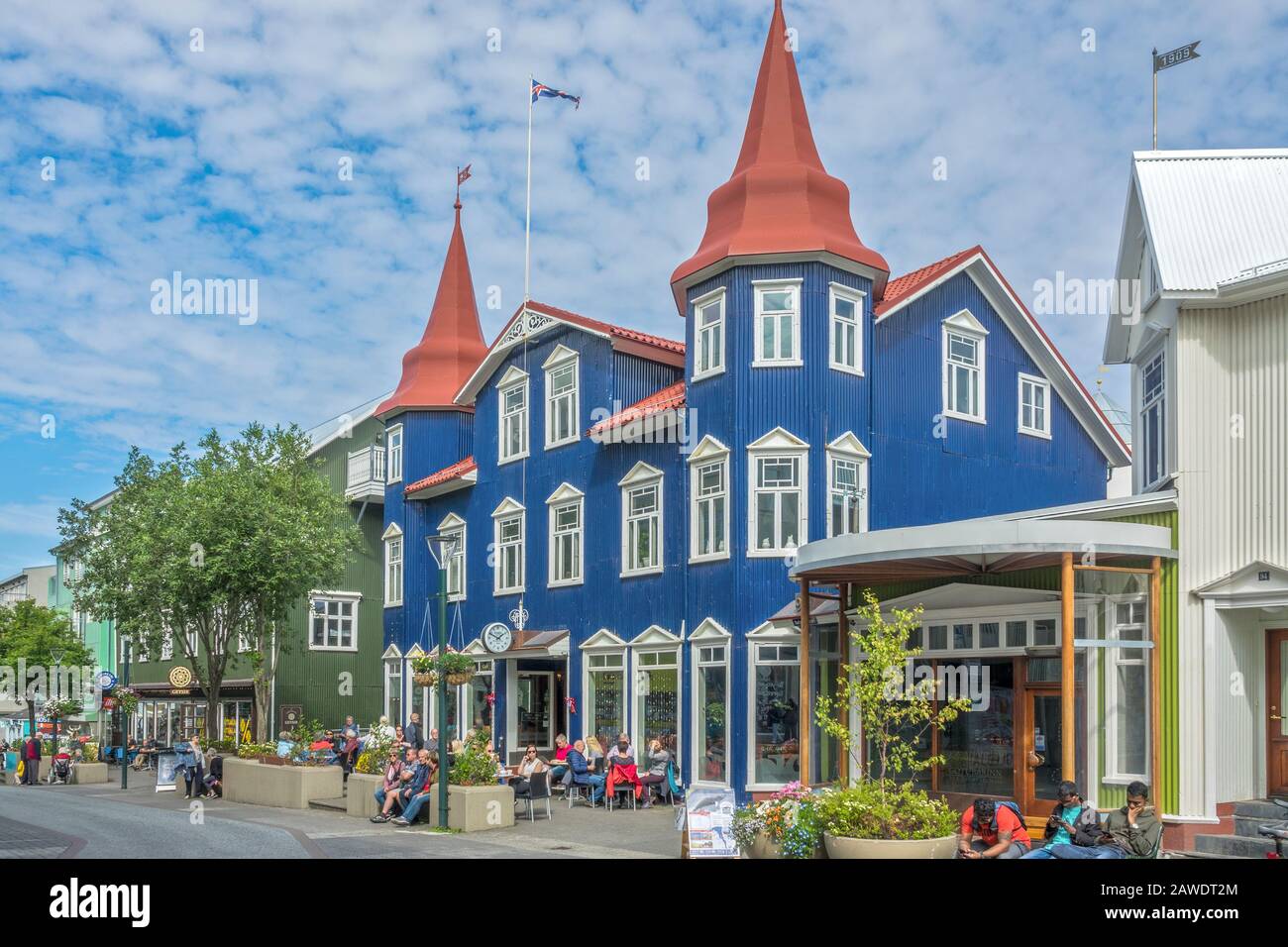 Blue Building With Cafe, Akureyri, Iceland Stock Photo - Alamy