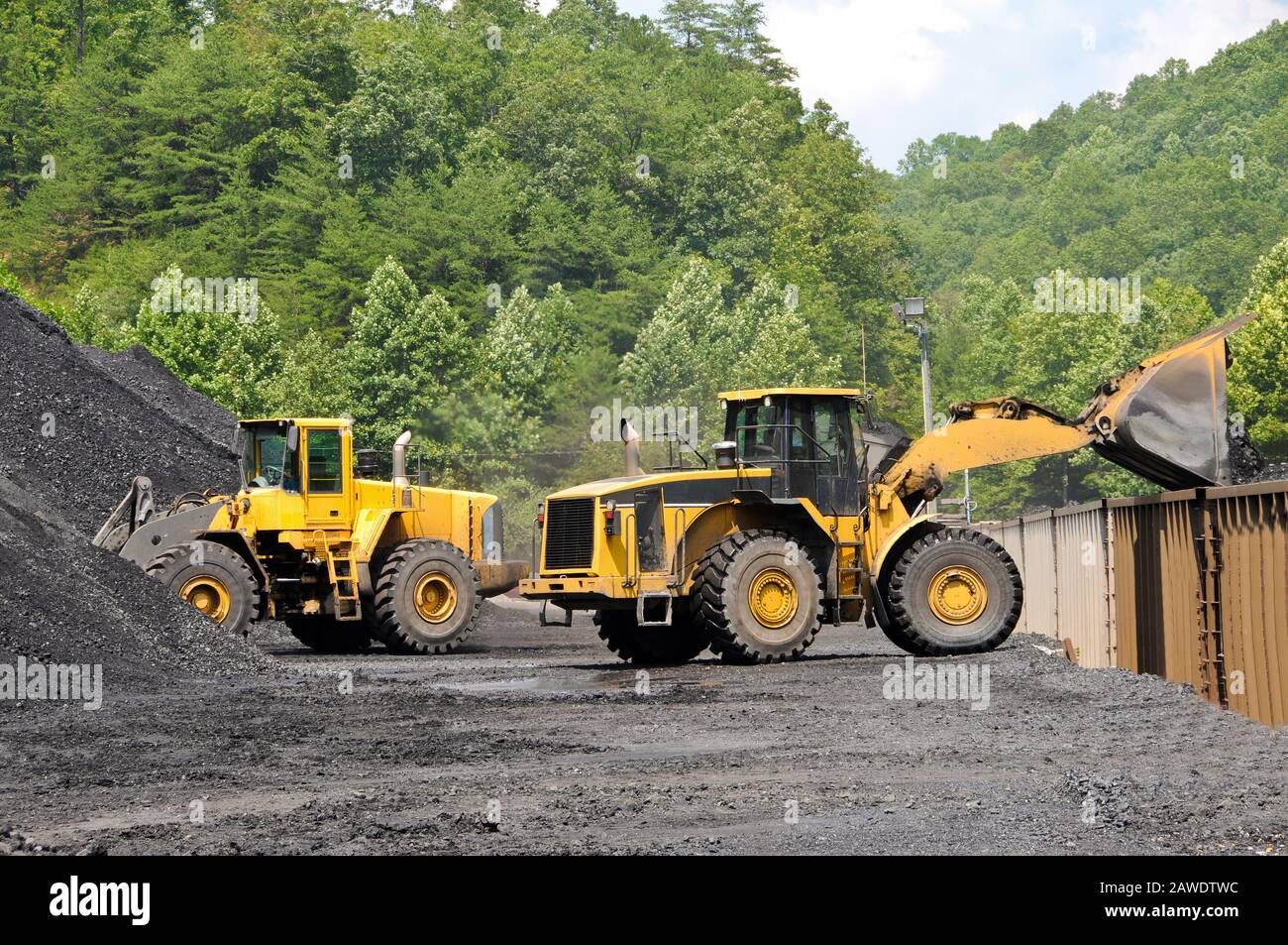 Large End Loaders loading a Stock Pile of Coal into Rail Cars Stock ...