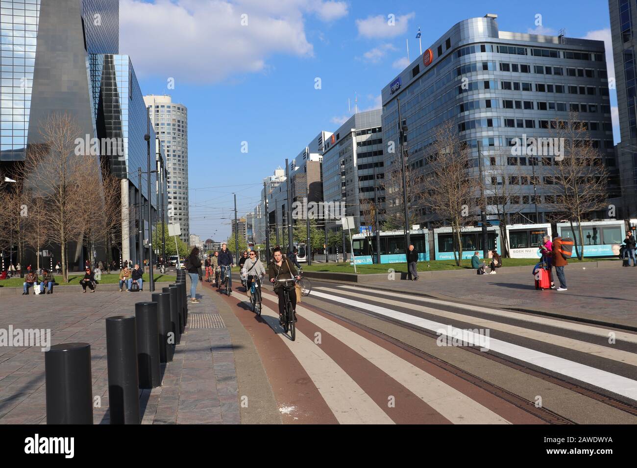 Just a normal day in Rotterdam streets. The building are modern and the ...