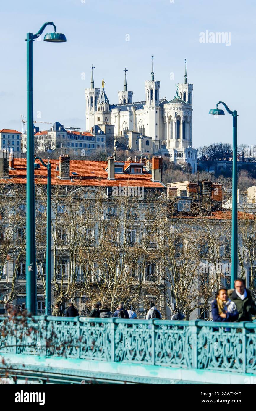 University bridge and Fourviere basilica, Lyon, France Stock Photo - Alamy