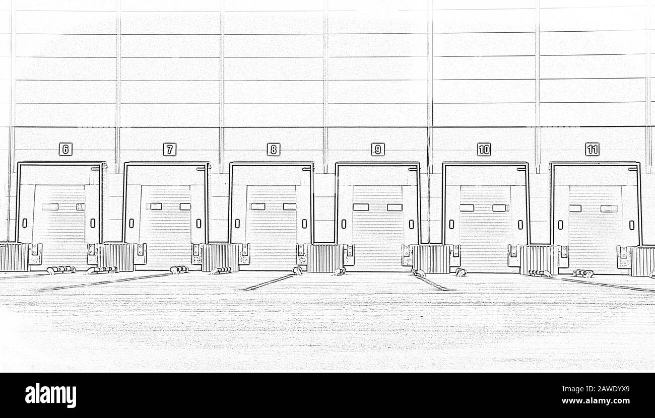 Large distribution warehouse with gates for loading goods. Sketch ...