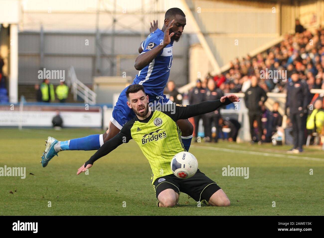 Hartlepool, UK. 08th Feb 2020. Gime Toure of Hartlepool United battles ...