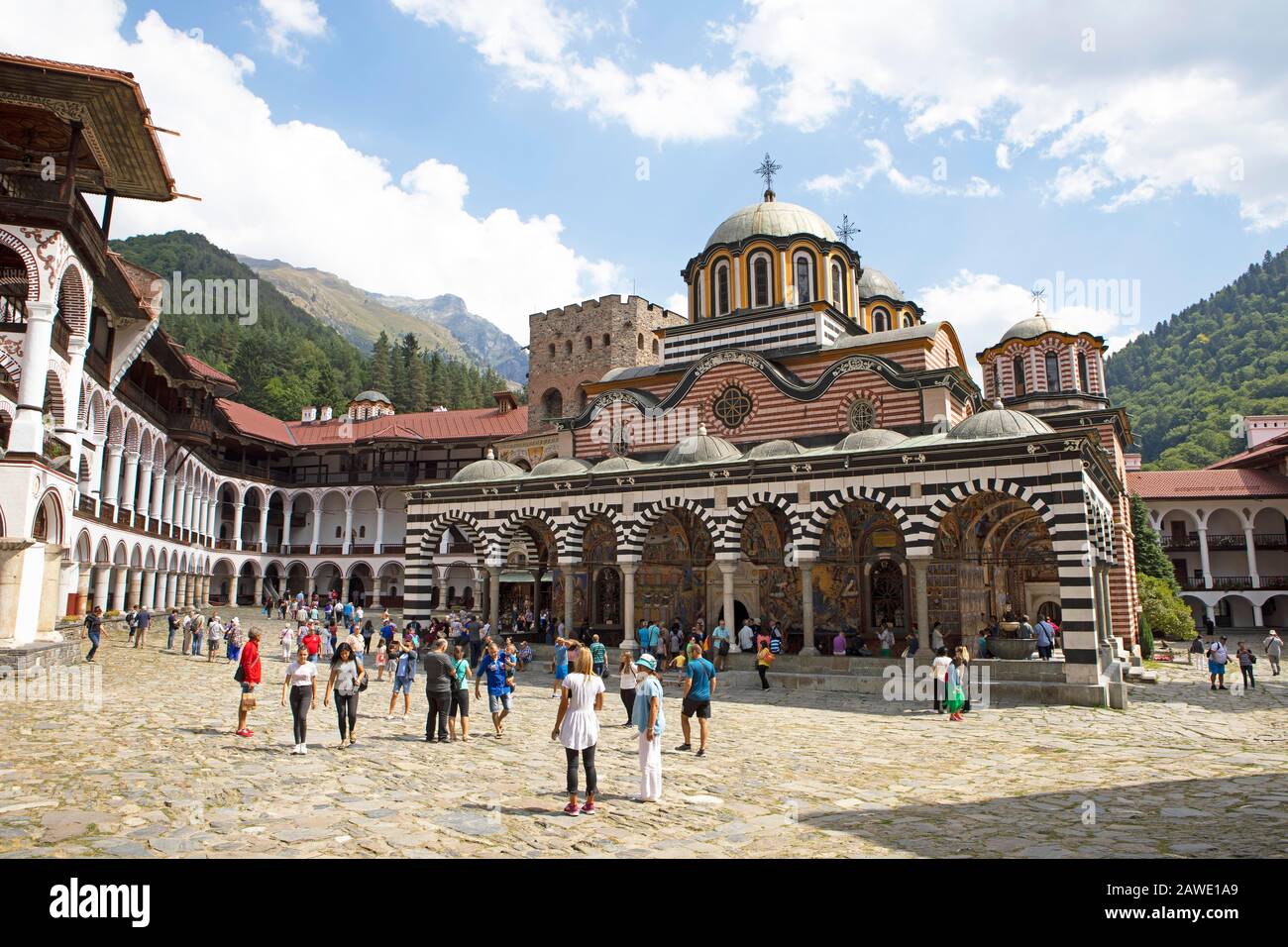 Courtyard with abbey church, Rila Monastery, UNESCO World Heritage Site ...
