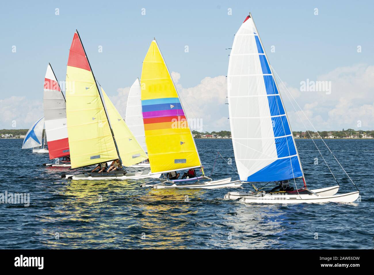 Children sailing in small colourful catamarans for fun and in ...