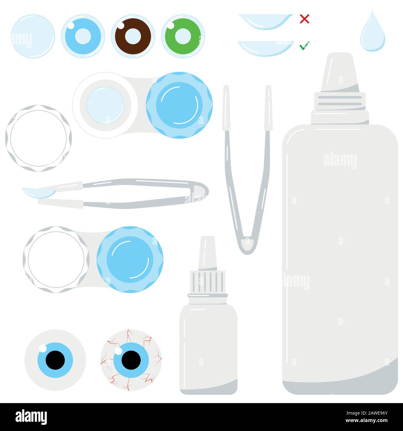 Contact lenses with care accessories icon vector set isolated on white ...