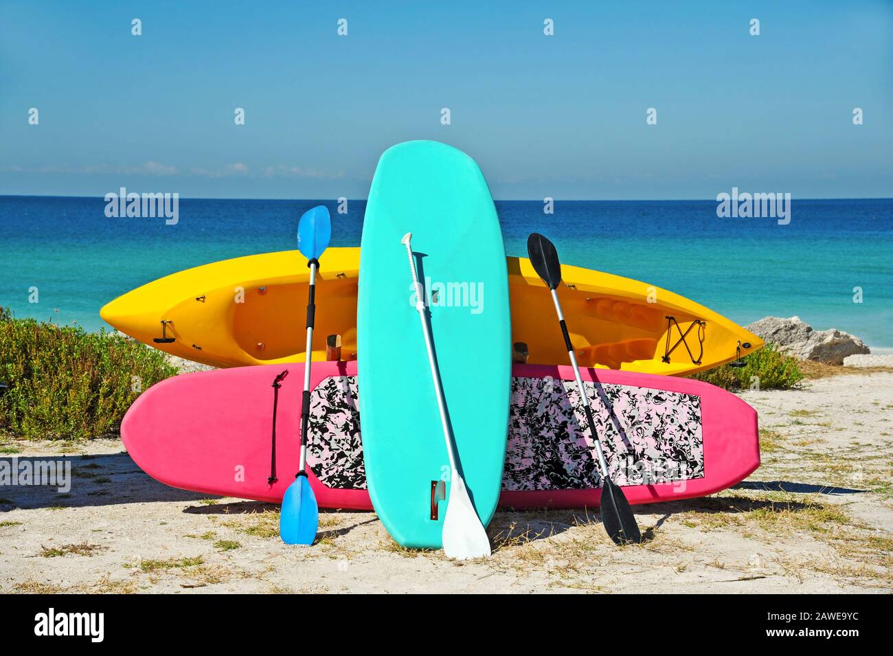 Paddle Boarding and Kayak Rentals on the Beach Stock Photo - Alamy