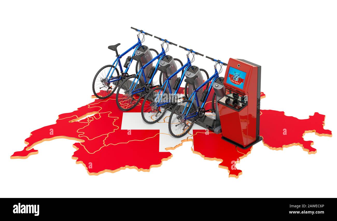 Bicycle sharing system in Switzerland concept, 3D rendering isolated on ...