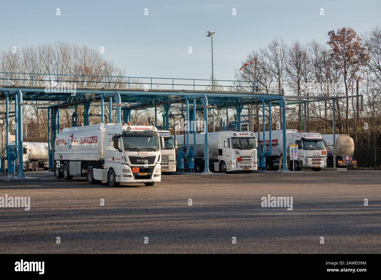 Tankers loading oil and gas at transfer station near Utrecht Stock ...