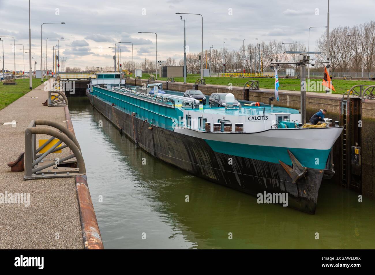 Barge in lock canal Julianakanaal near Dutch river Meuse Stock Photo ...