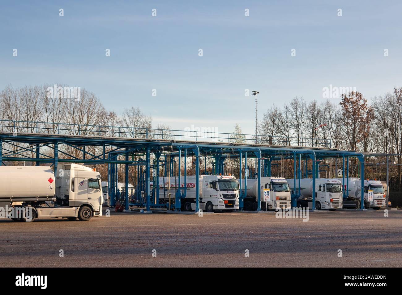 Tankers loading oil and gas at transfer station near Utrecht Stock ...