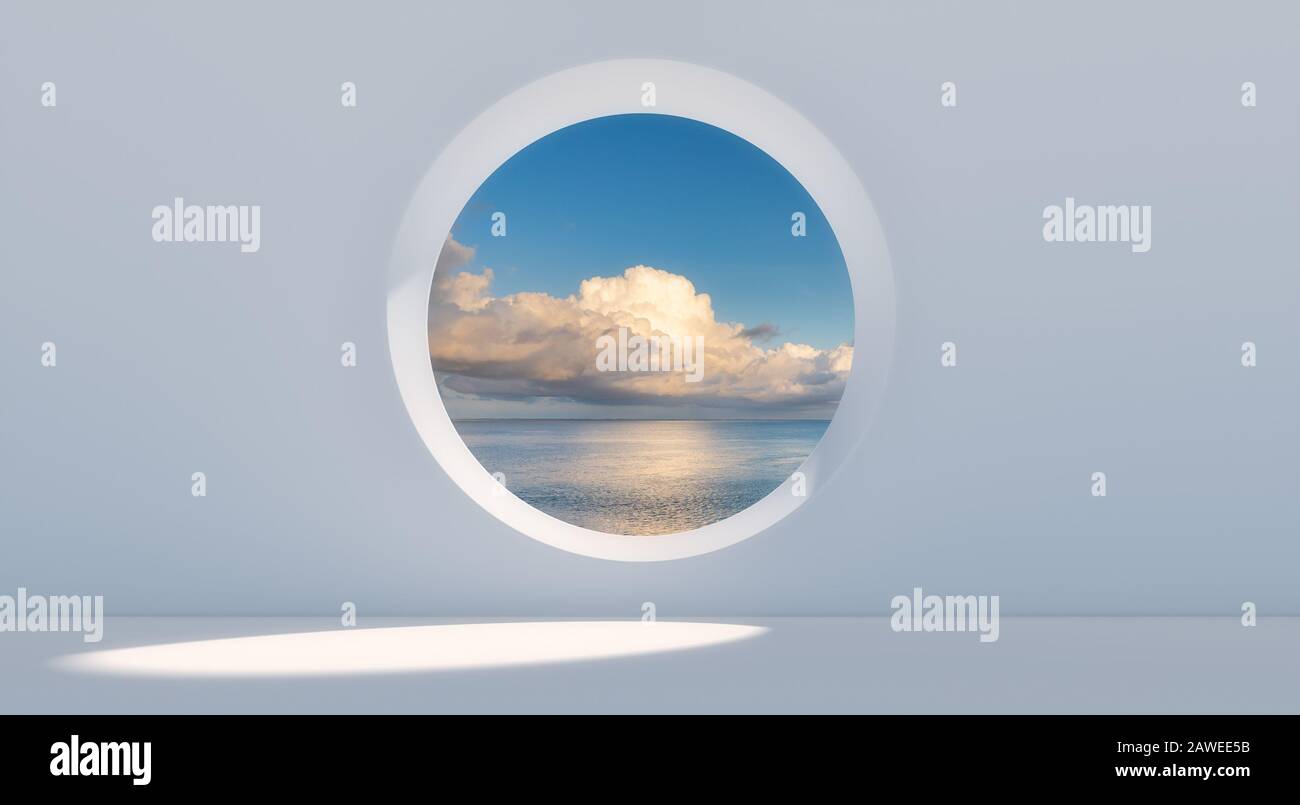 White room with a round window. Looking at the ocean Stock Photo - Alamy