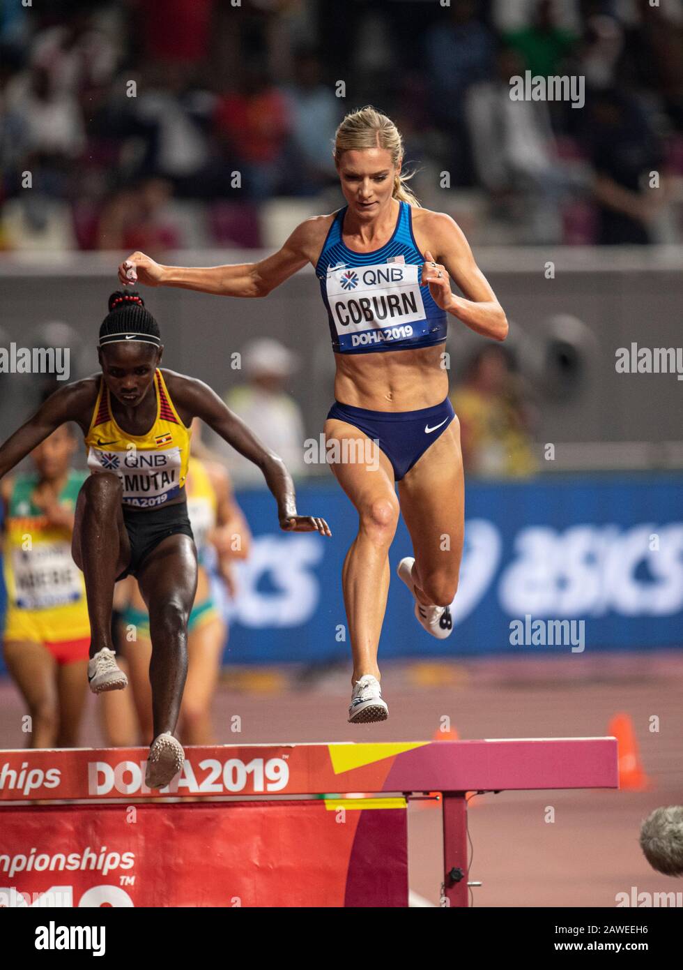 DOHA - QATAR - SEP 27: Emma Coburn (USA) competing in the women’s 3000m ...
