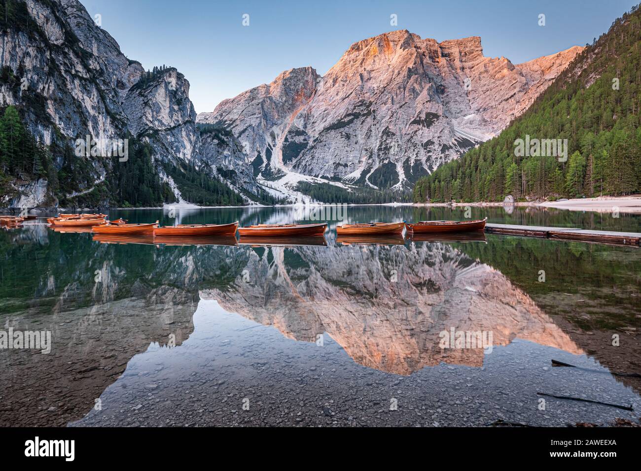 Lago Di Braies At Sunrise In Dolomites Italy Europe Stock Photo Alamy