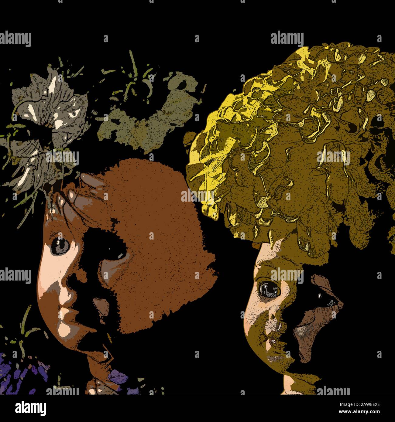 2 doll heads with sad expression in their eyes. Emotions, concept ...