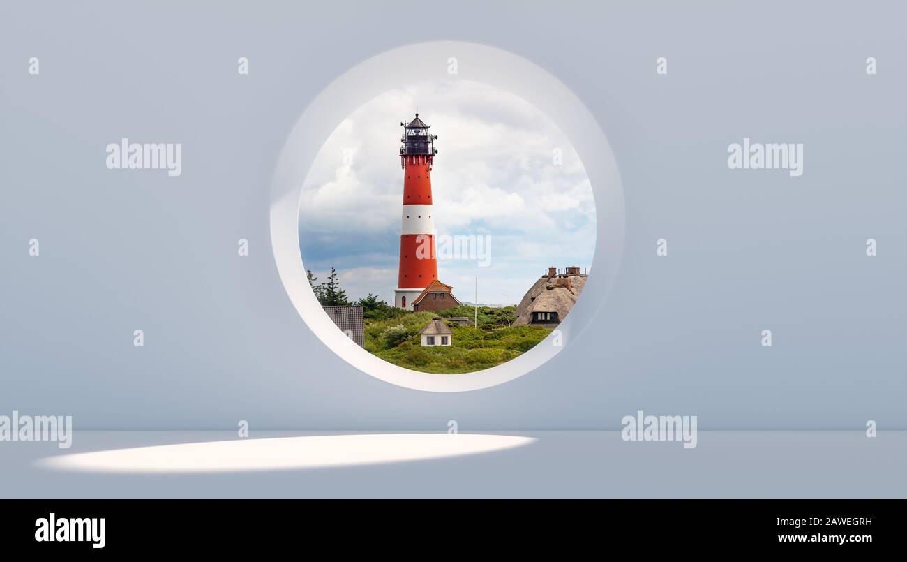 White room with a round window. Looking on a Lighthouse. 3D Rendering ...
