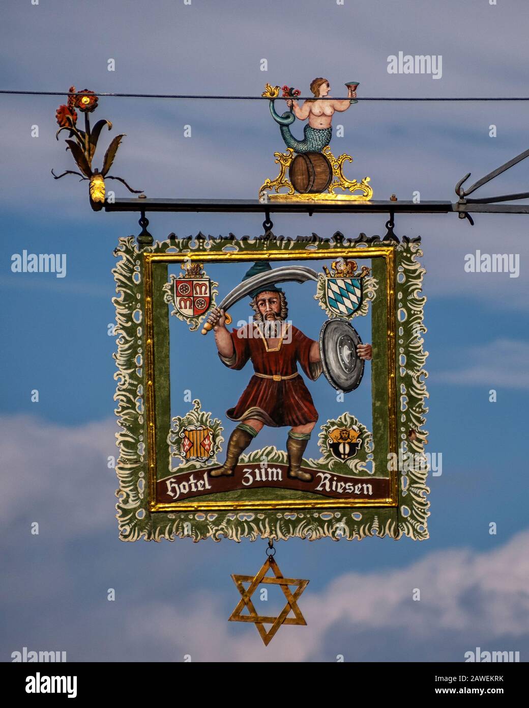 MILTENBERG, GERMAN - 07/07/2019: The pretty sign for the Hotel zum ...