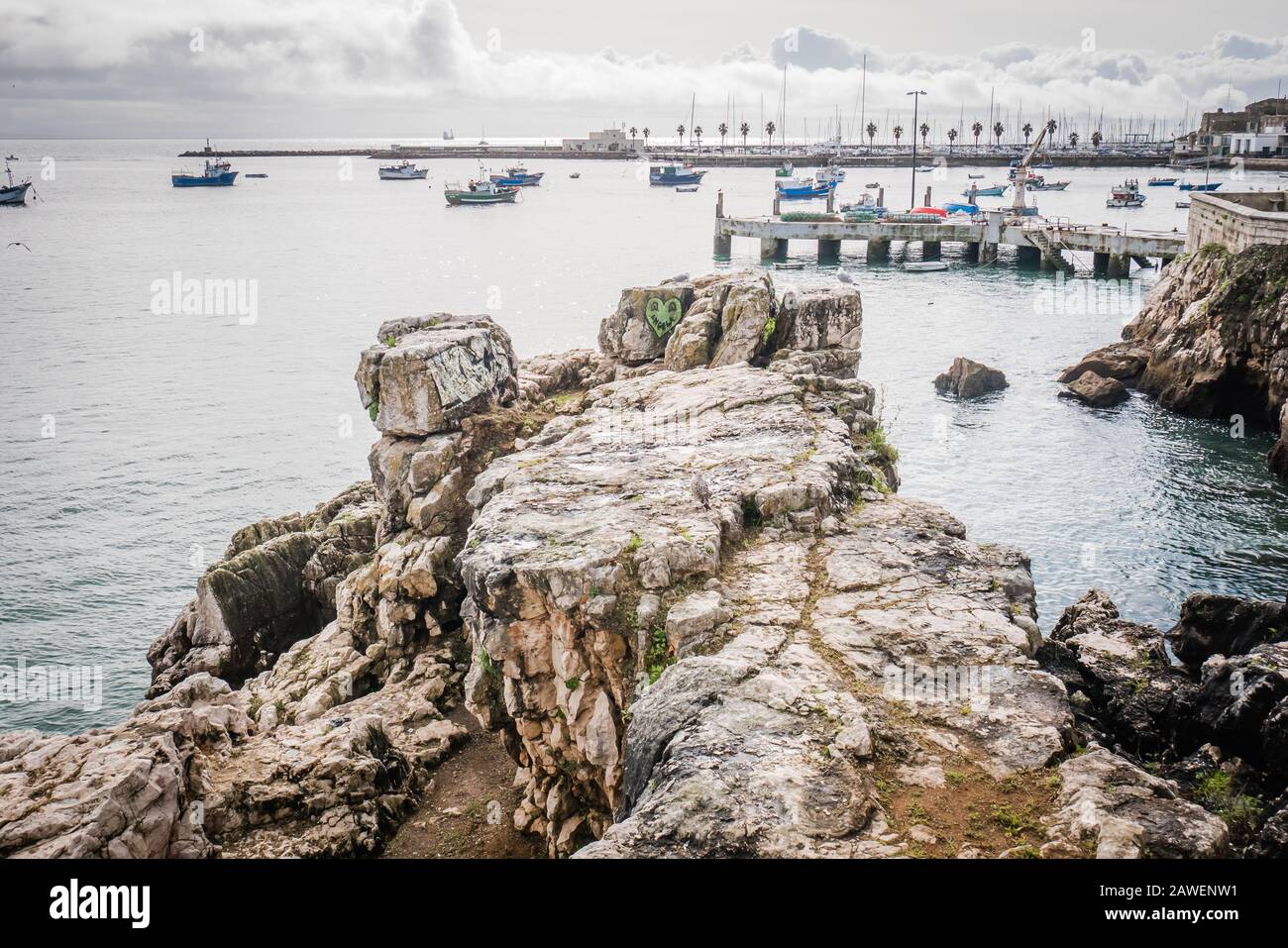Large rock formation near the coastline of Cascais in Portugual Europe ...