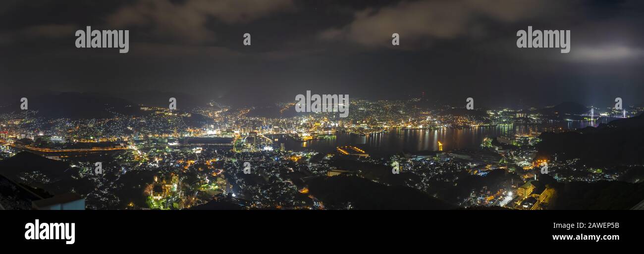 Nagasaki city light up at night. Panorama nightscape from Mt Inasa ...