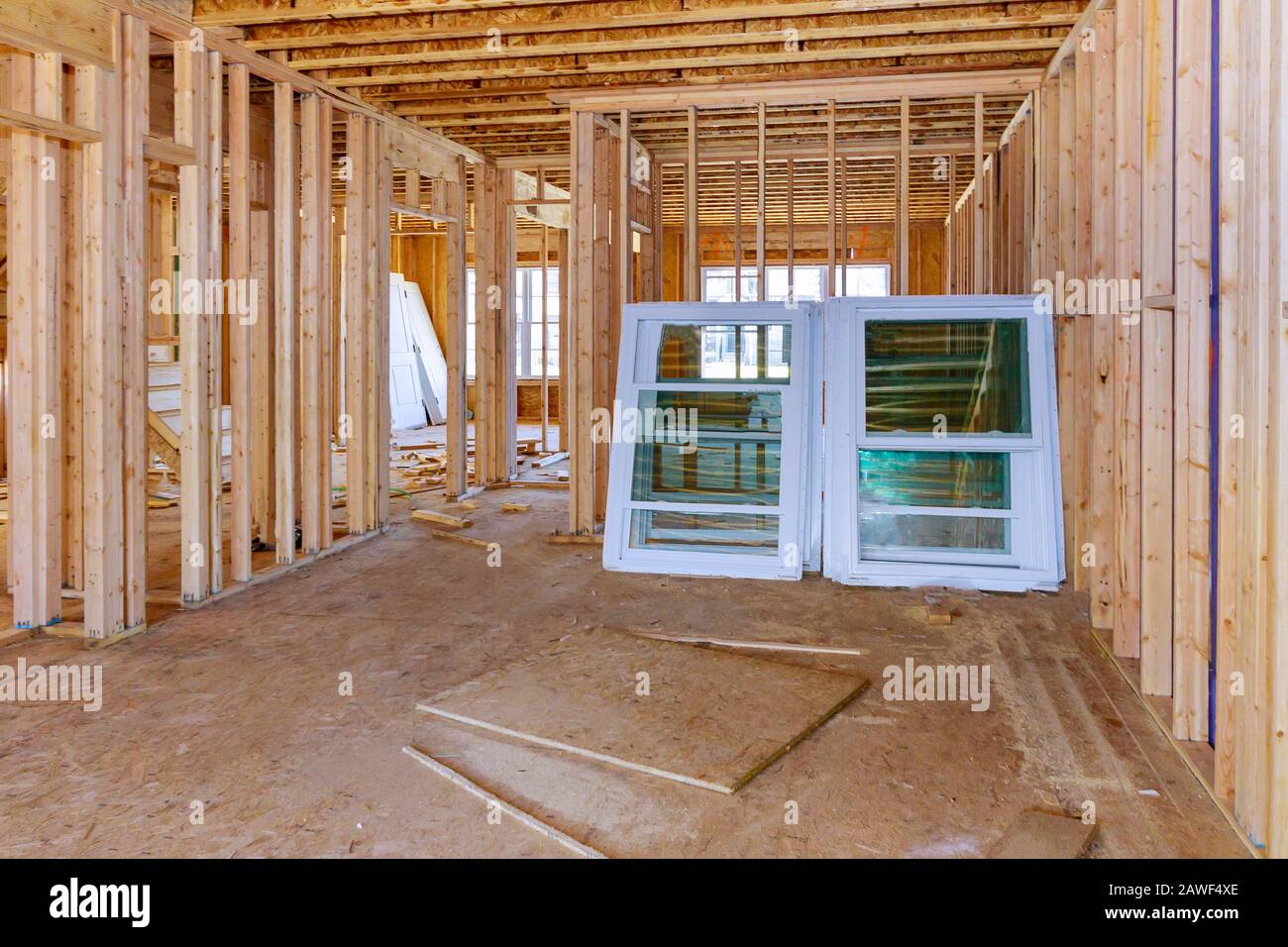 Interior view of a house under construction home framing Stock Photo ...