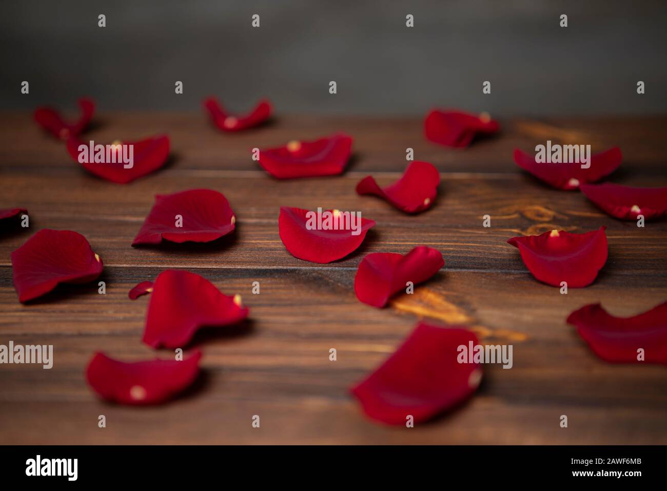 Fresh Red roses petals on the moody wooden background Stock Photo - Alamy