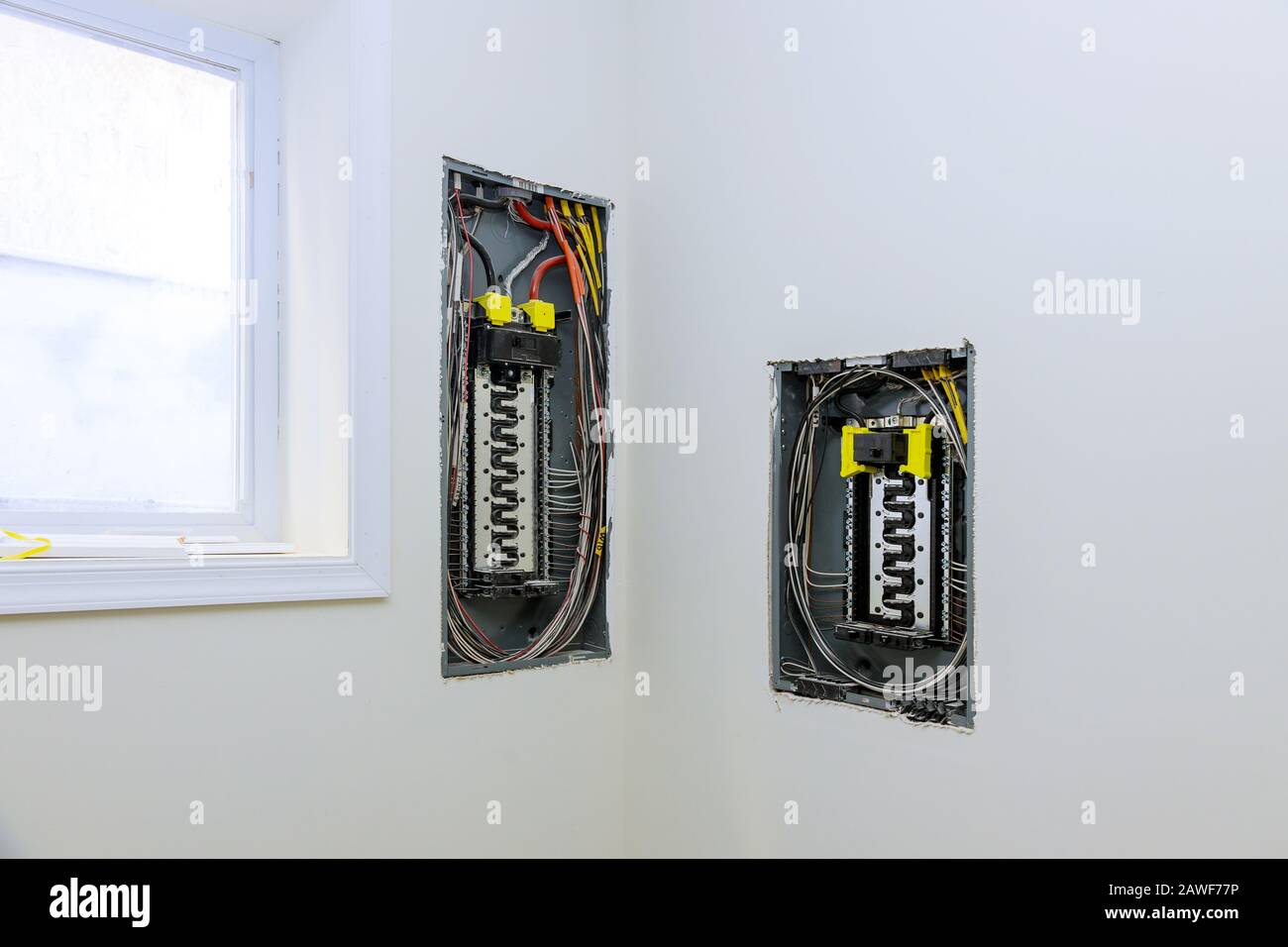 Electrical voltage switchboard box with wires with circuit breakers ...