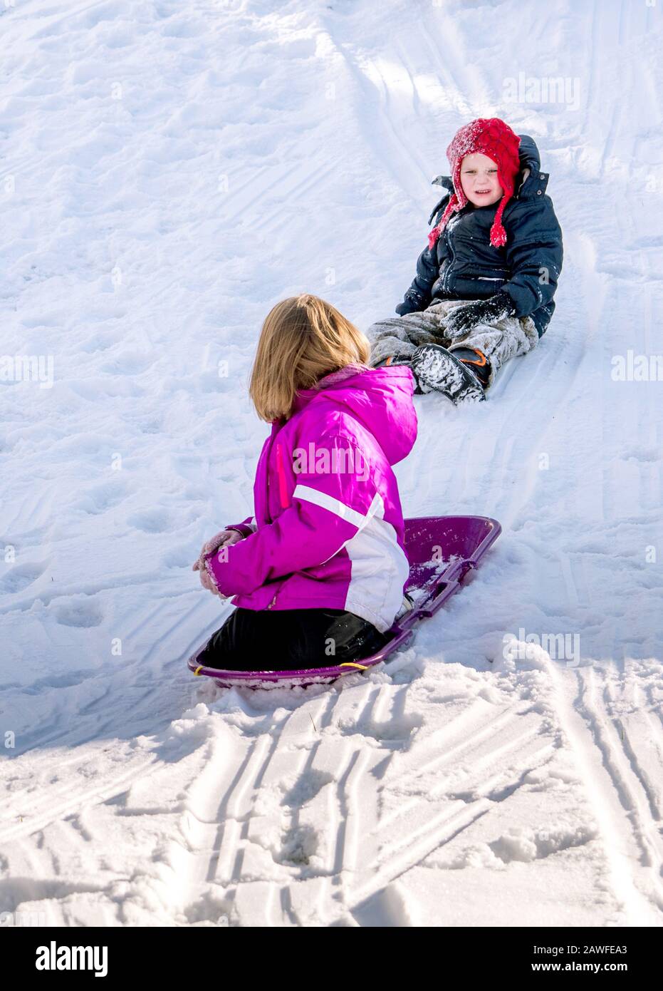 Brother and sister sled down a snow hill but little brother has fallen ...