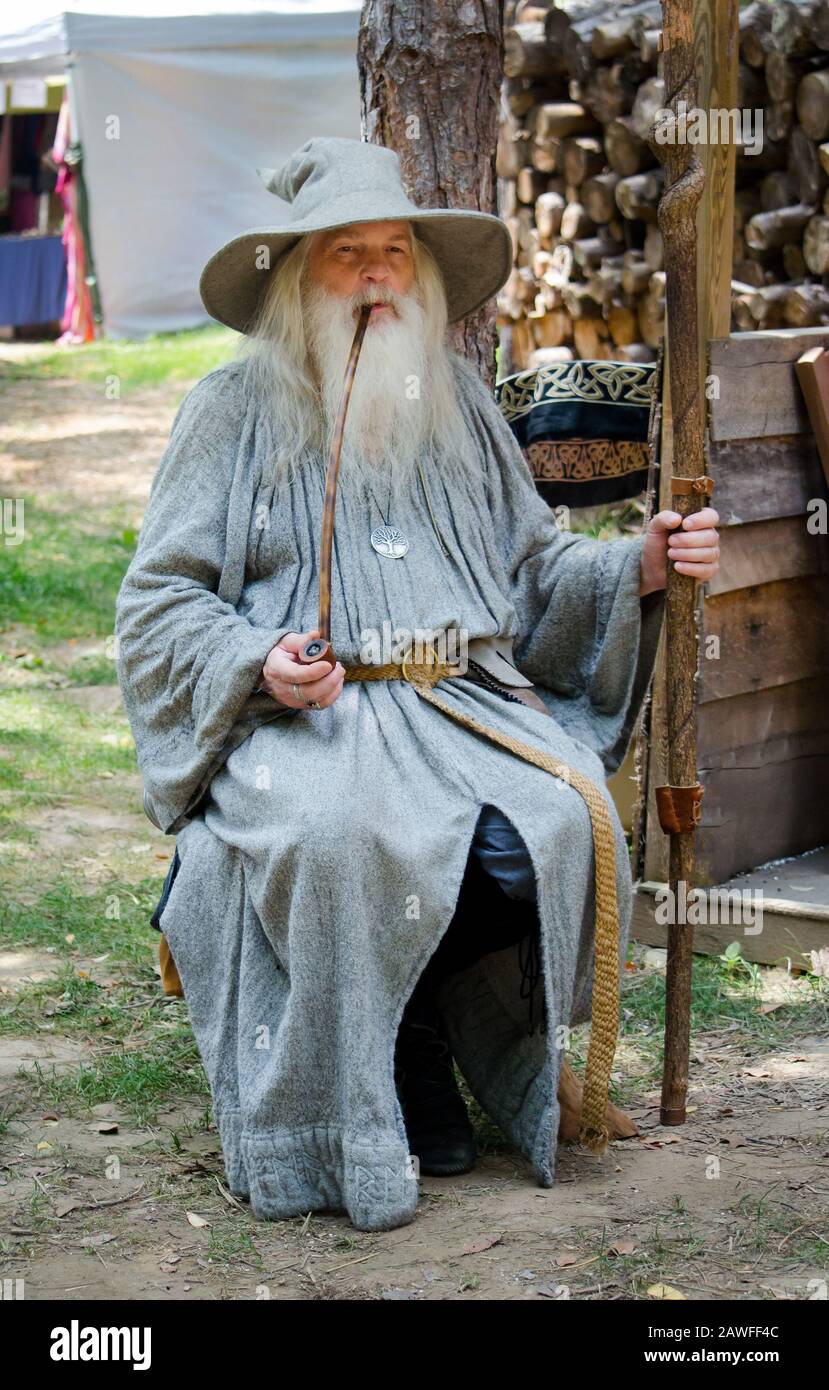 Holly Michigan, USA July 27 2014; a man in costume as Merlin the ...