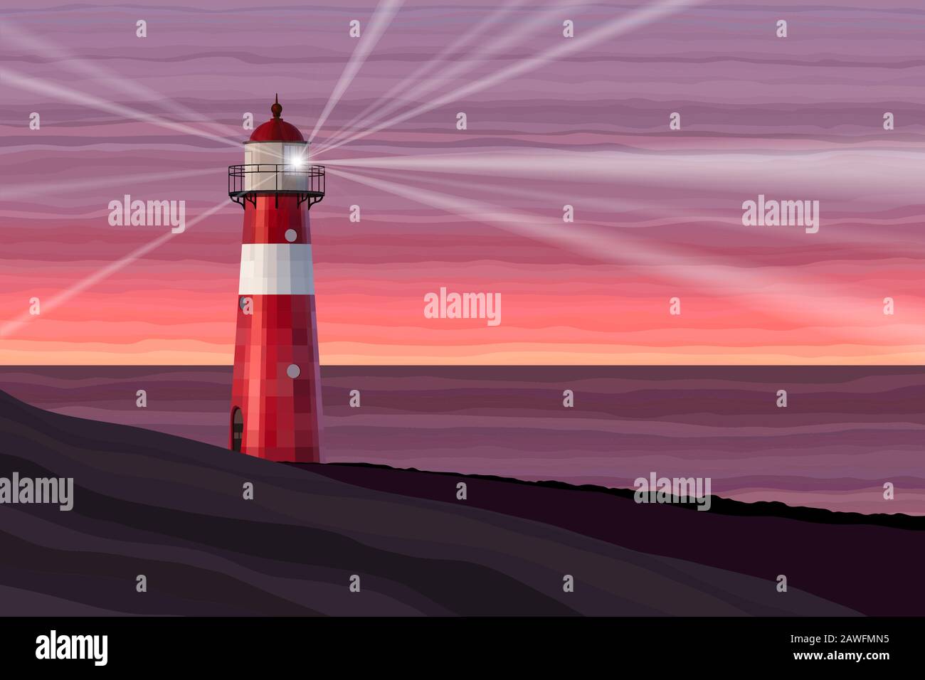 A red and white lighthouse at sea at dusk vector illustration Stock ...