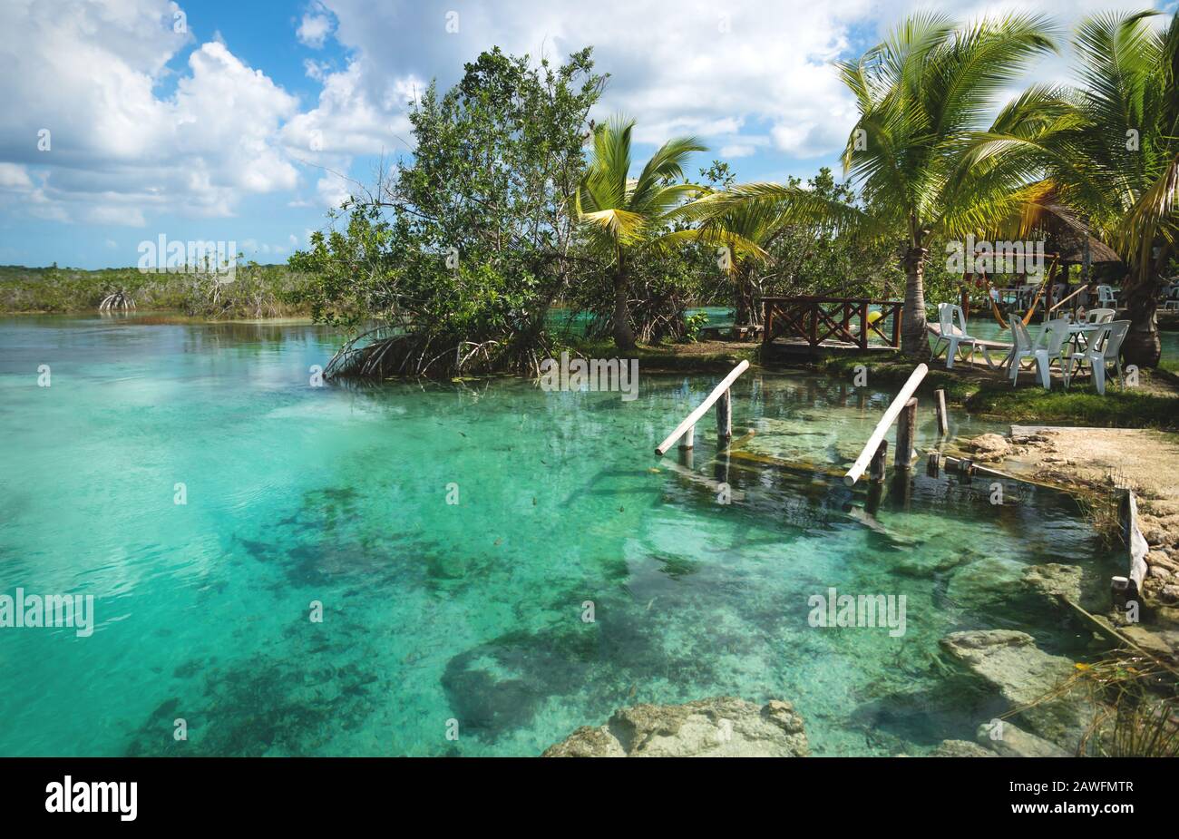 Staris into sunny seven colored lagoon surrounded by tropical plants in ...