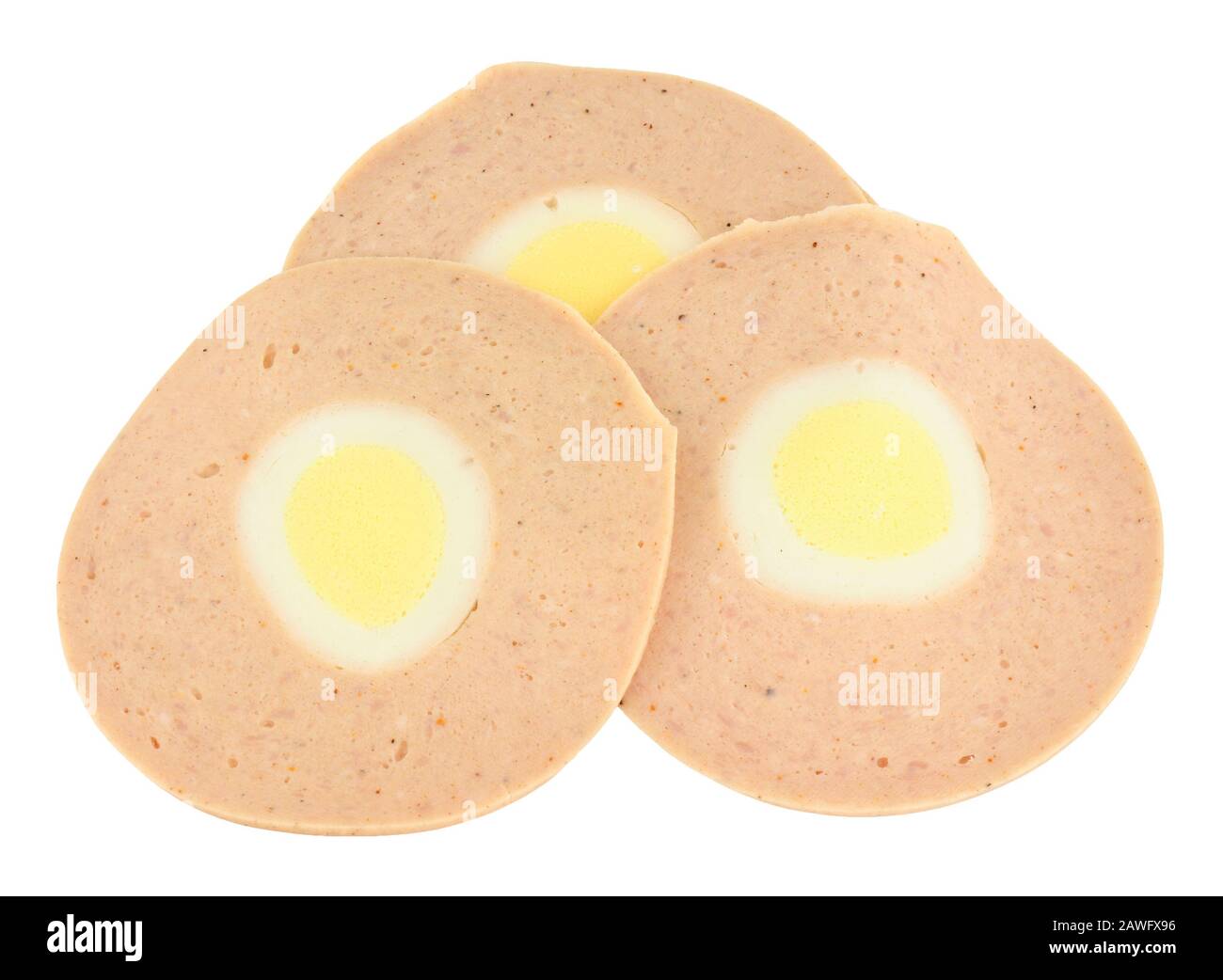 Pork and egg luncheon meat roll slices isolated on a white background ...