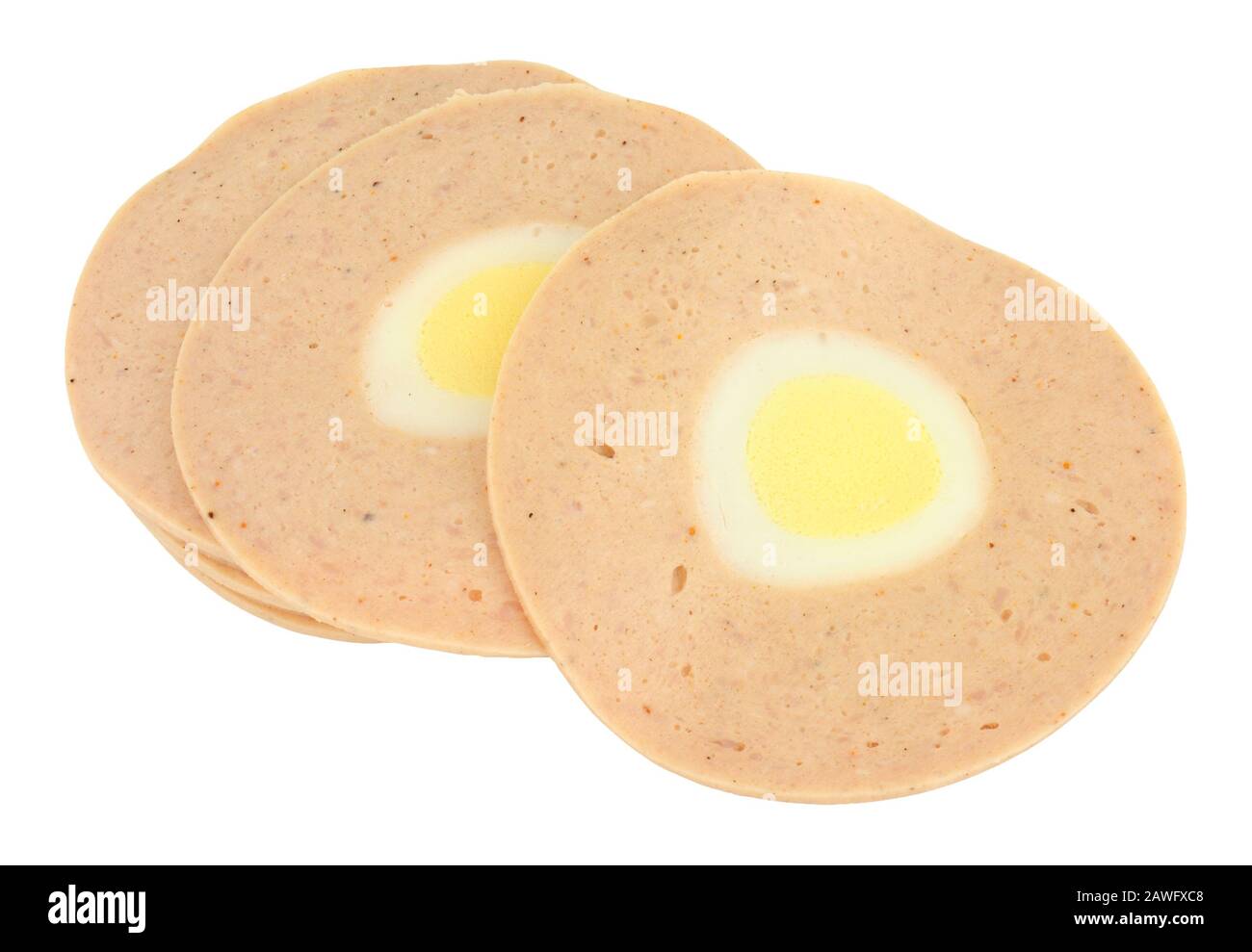 Pork and egg luncheon meat roll slices isolated on a white background ...