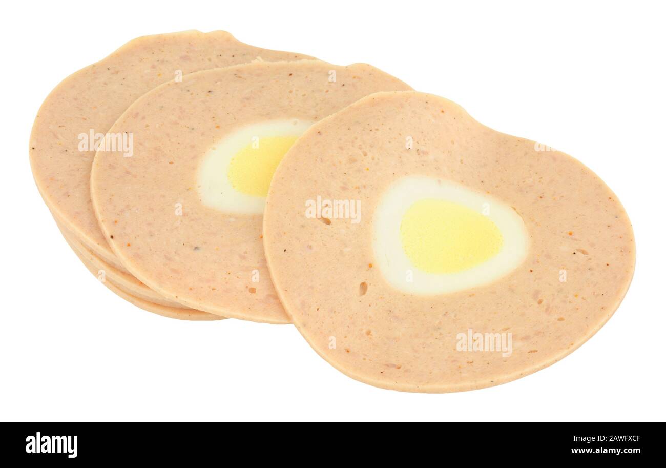 Pork and egg luncheon meat roll slices isolated on a white background ...