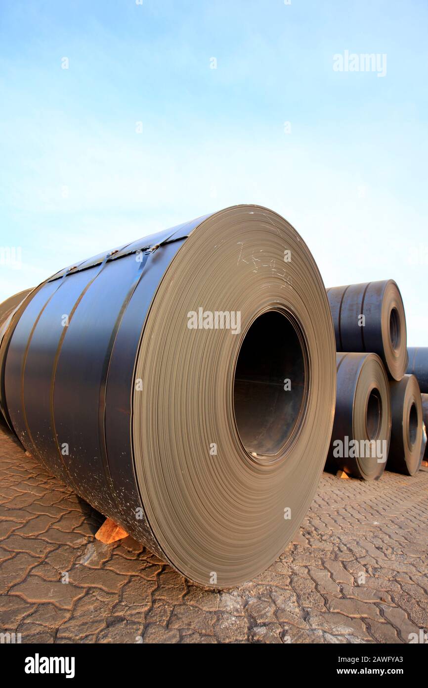 roll steel in harbor, Cold rolled steel coils Stock Photo - Alamy