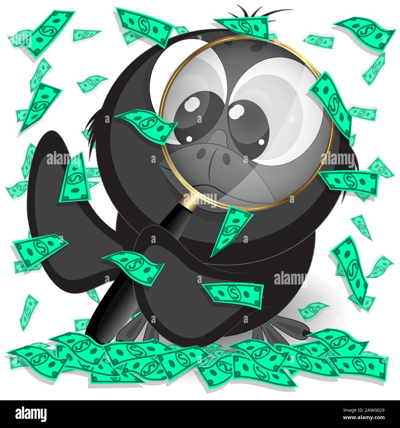 Little crow under the money rain. cartoon vector illustration Stock ...