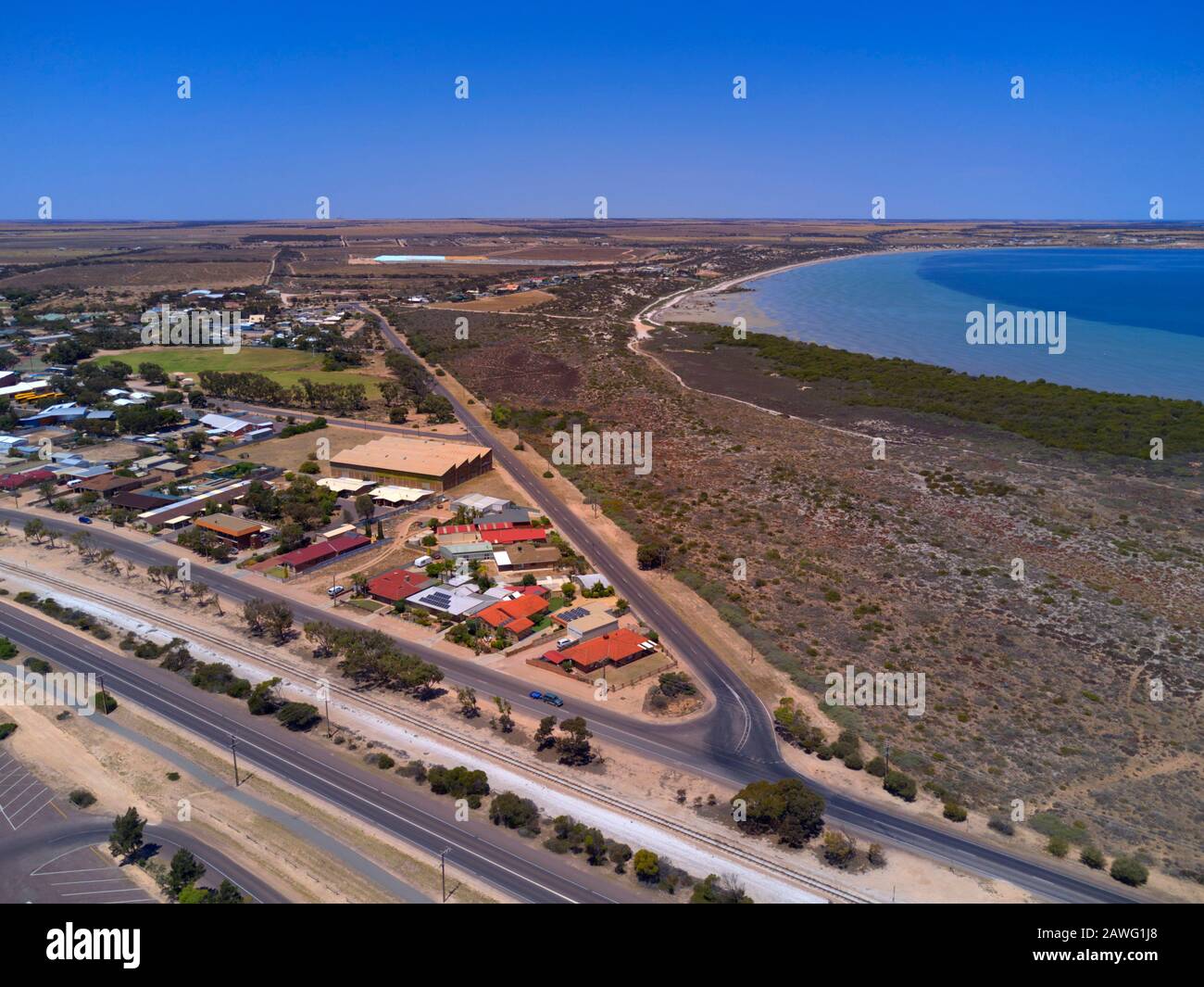 Aerial of the coastal suburbs at Port Thevenard Ceduna South Australia ...