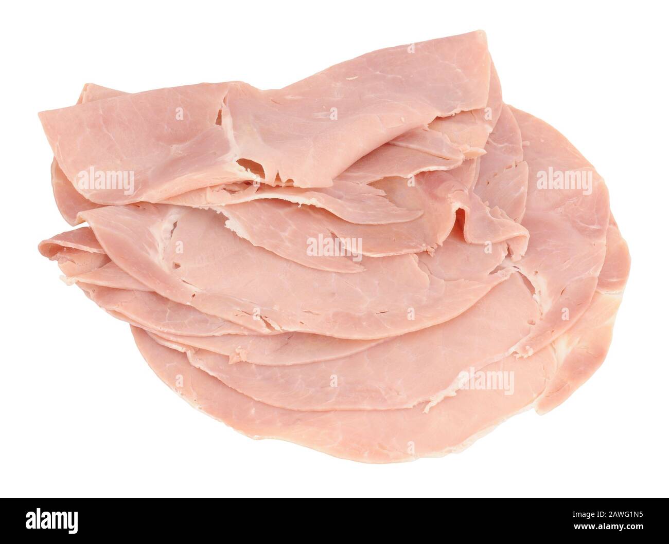 Group of traditional thinly sliced Wiltshire Ham slices isolated on a ...