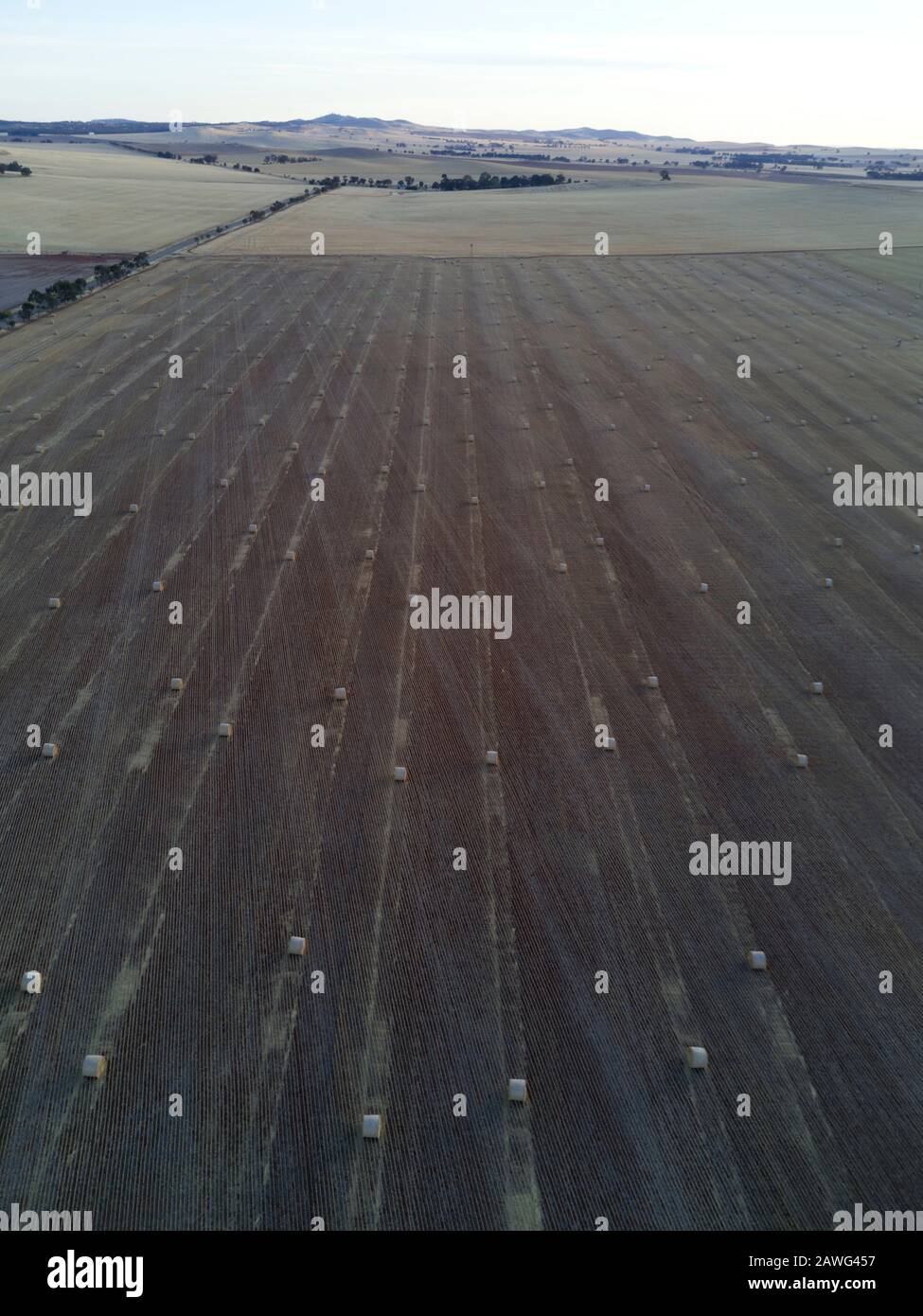 Aerial of round bailed hay on agricultural farmland near Jamestown ...