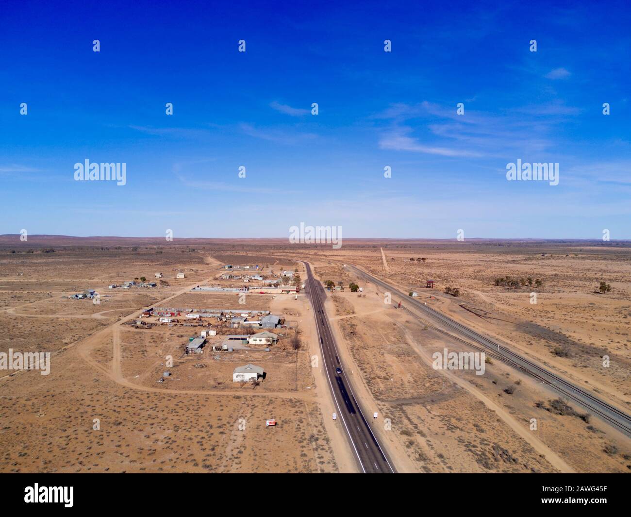 Aerial of the small village of Olary once an important railway village ...