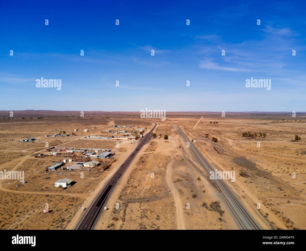Aerial of the small village of Olary once an important railway village ...