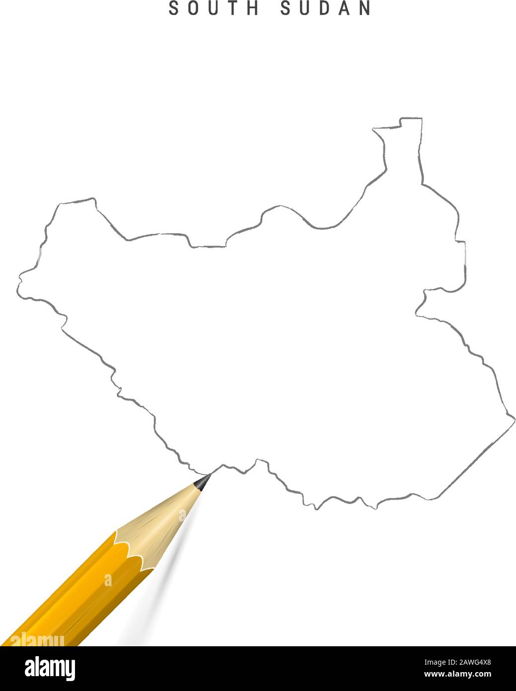 South Sudan freehand pencil sketch outline map isolated on white background. Empty hand drawn ...