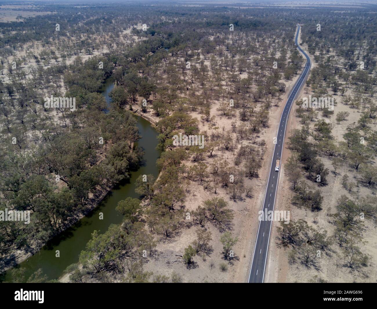 Aerial of the Barwon River and the Gwydir highway near Collarenebri ...