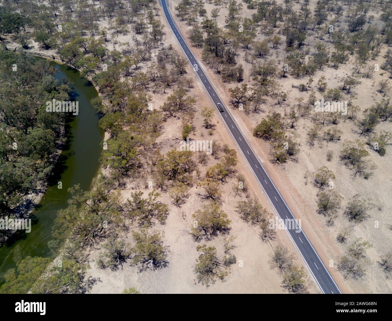 Aerial of the Barwon River and the Gwydir highway near Collarenebri ...