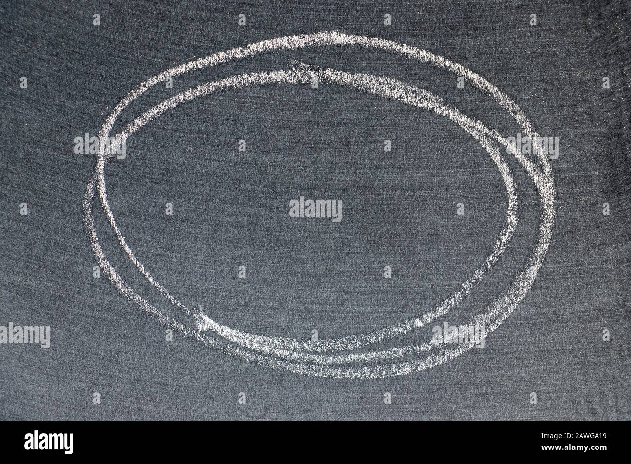 White color chalk hand drawing in circle or oval shape on black board ...