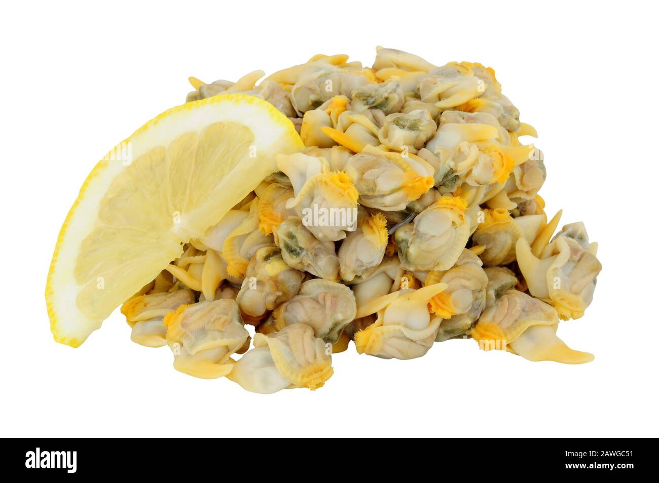 Pile of pickled cooked shelled cockle shellfish meat isolated on a ...