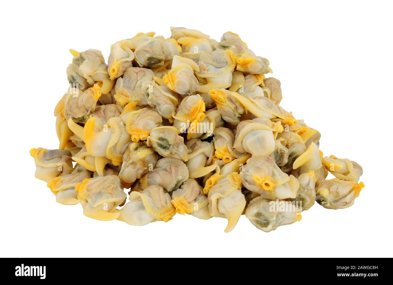 Pile of pickled cooked shelled cockle shellfish meat isolated on a ...