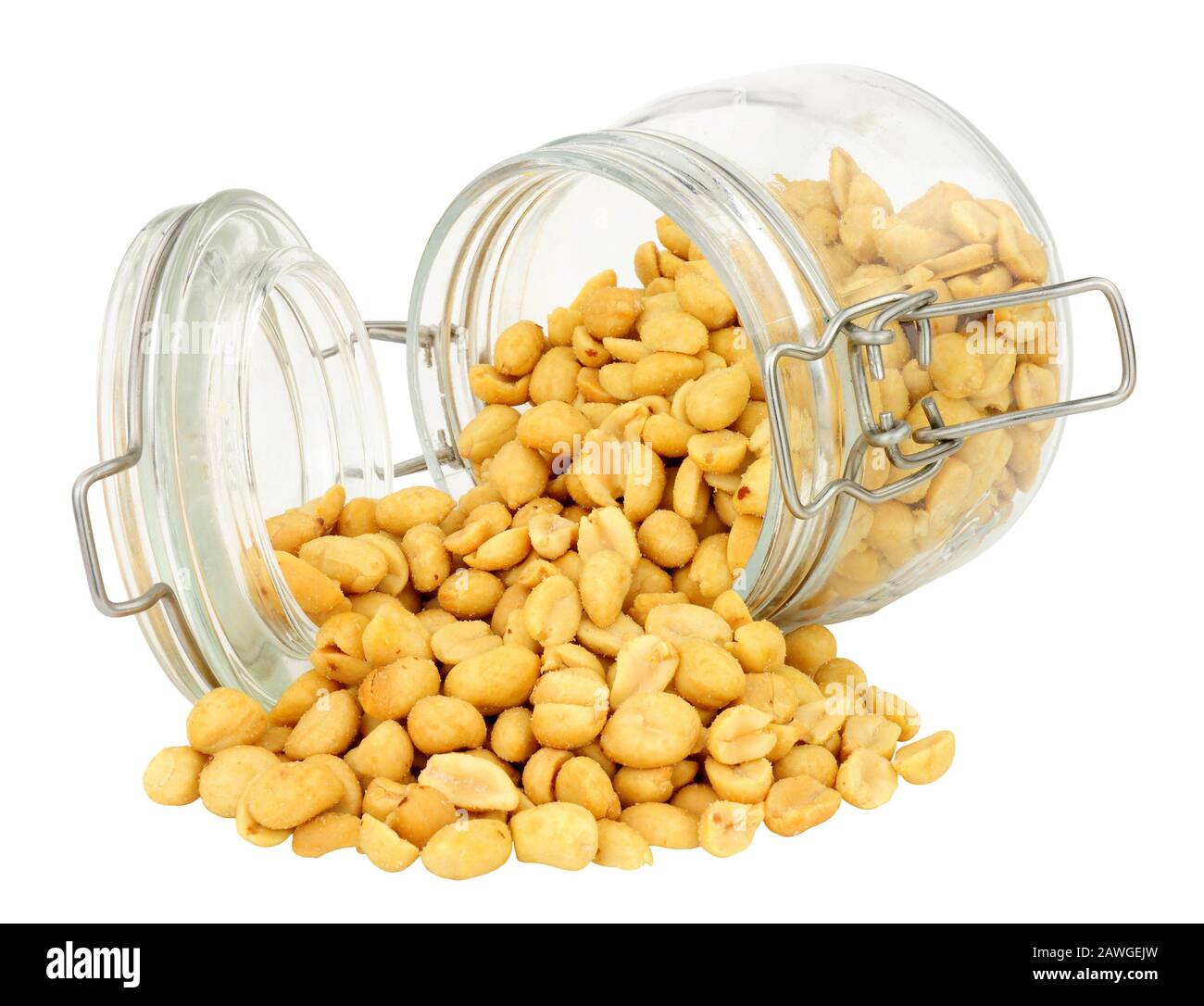 Roasted peanuts in a glass storage jar isolated on a white background ...