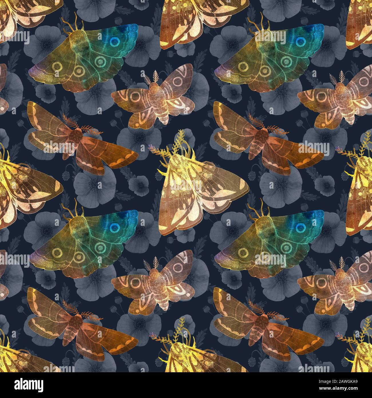 Colorful watercolor seamless pattern. Hand drawn ink moth with poppy ...