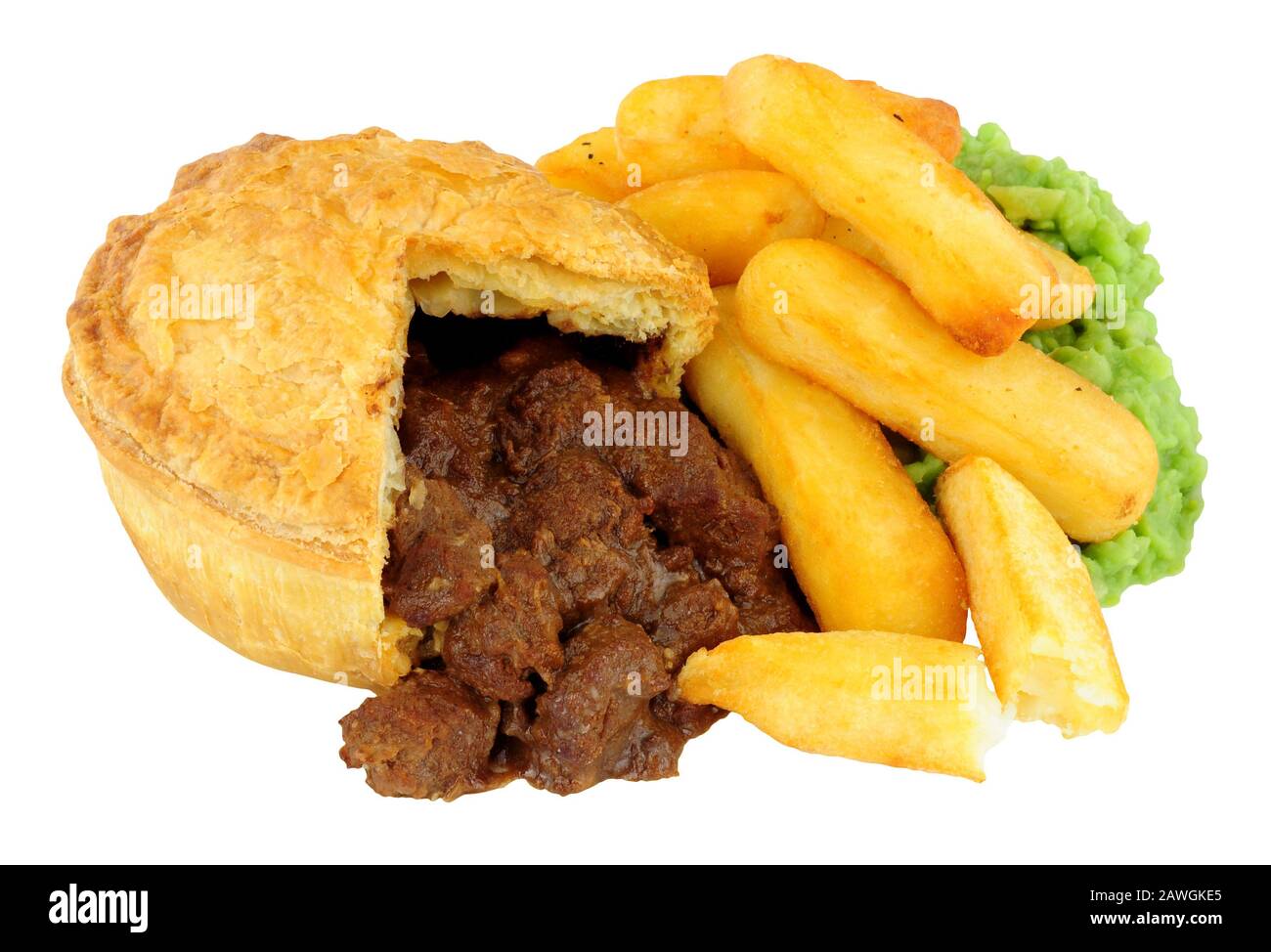 Steak pie and chips meal with mushy peas isolated on a white background ...