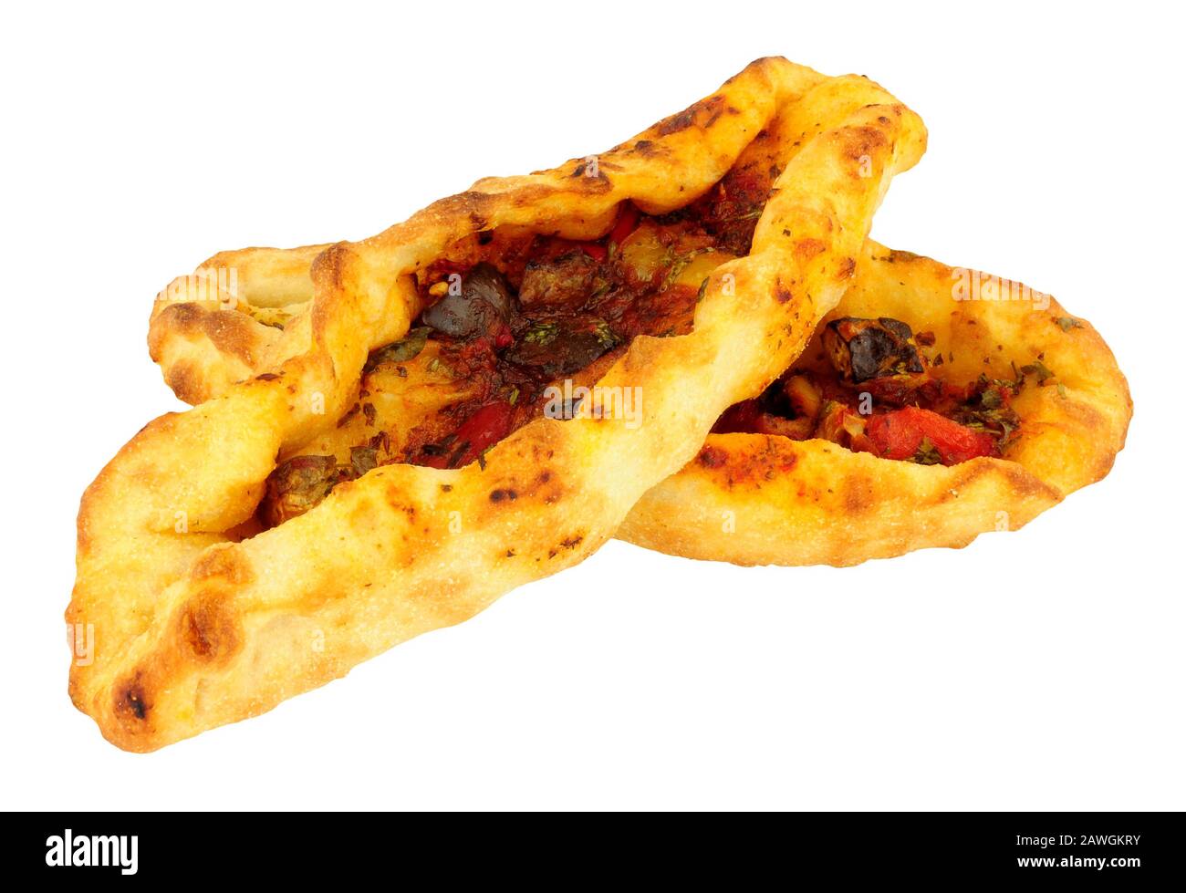 Roasted vegetable pide style flatbreads isolated on a white background ...